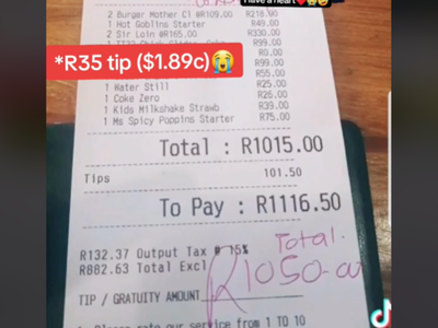 Wait, what? Waiter tipped R35 on a R1,015 bill!