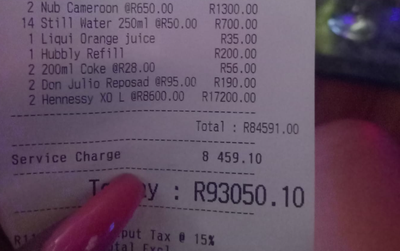 Man racks up R93,000 alcohol bill at restaurant