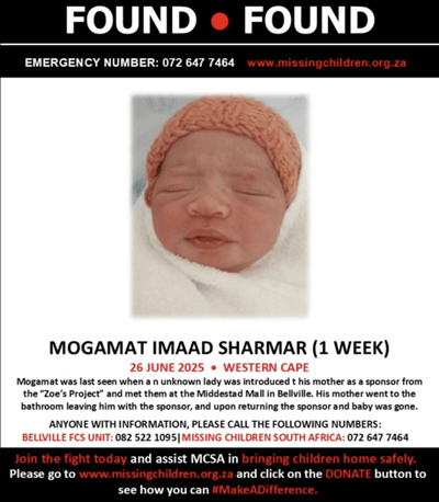 Missing Mitchells Plain baby found alive