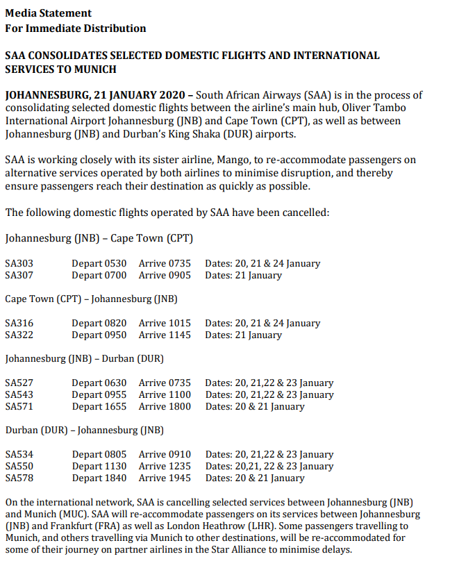 Flight Centre warns: a number of SAA flights cancelled both ...