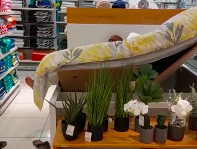 WATCH: Man hilariously breaks display bed in shop after lying down
