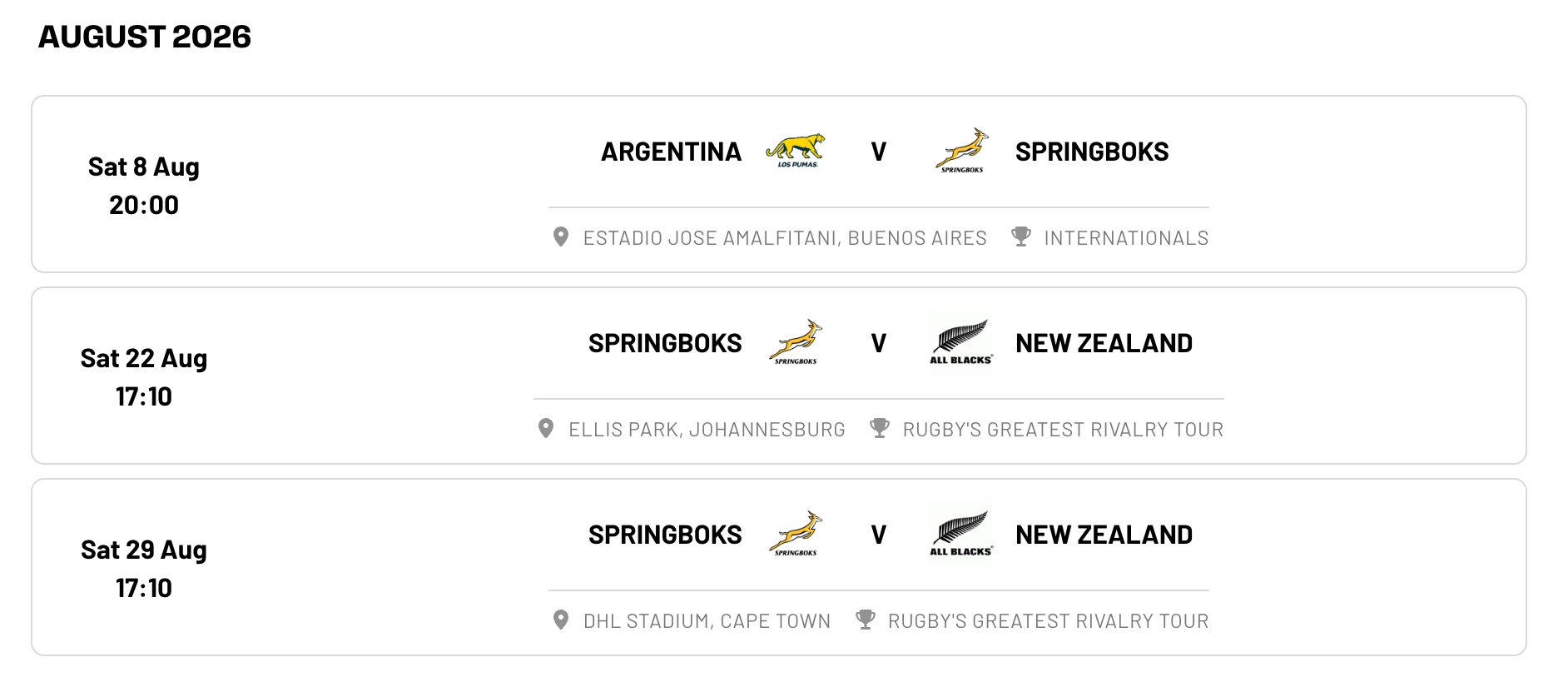 Full list of Bafana Bafana and Springboks 2026 fixtures