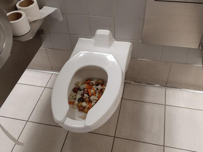 We bet this is by far the weirdest thing to find inside a public toilet?!