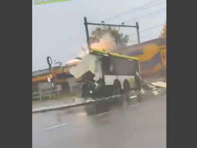 Train breaks broken down bus in half in Netherlands
