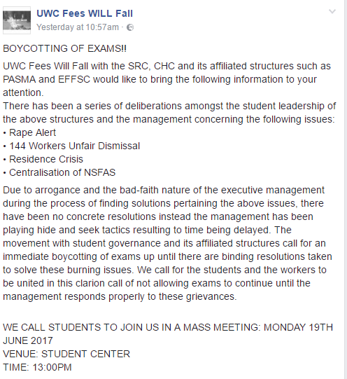 UWC students call for exam boycott