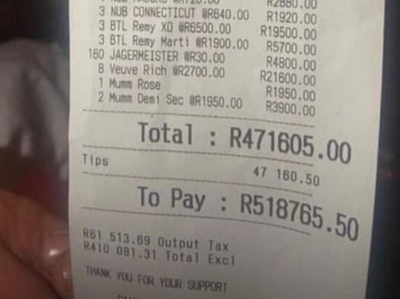 Hello, big spender! A bill of R500K worth of drinks in one night out