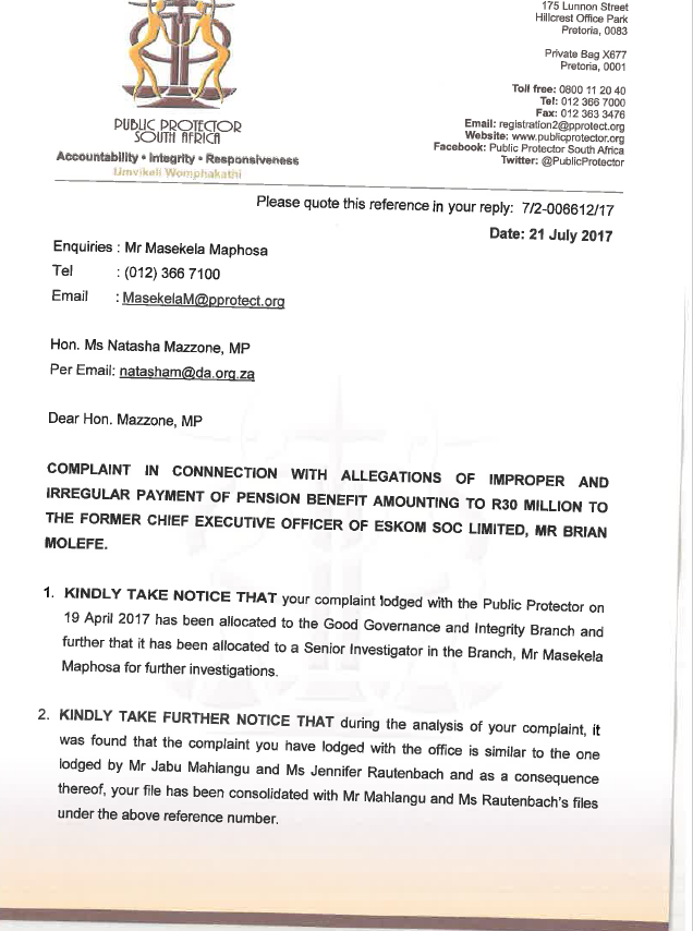 Public Protector to probe Molefe 'golden handshake'