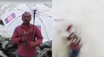 Reporter hit by massive wave while reporting on monsoon