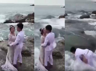 Watch: Romantic beach wedding shoot goes horribly wrong!